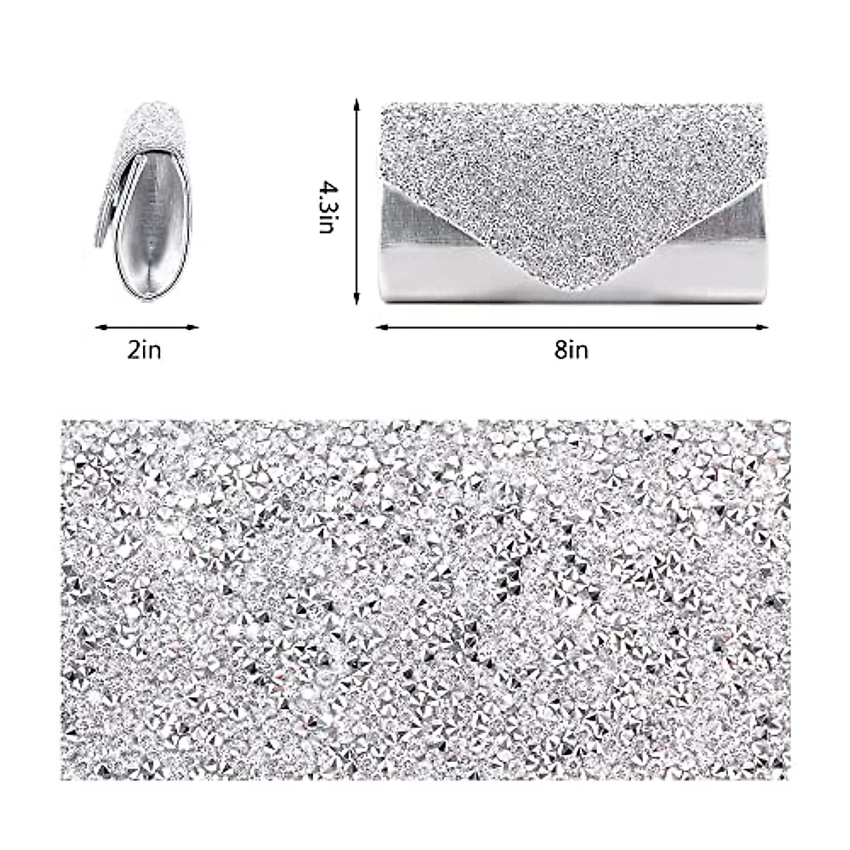 Gabrine Womens Evening Bag Handbag Clutch Purse Rhinestone-Studded Flap for Wedding Party Prom(Silver)