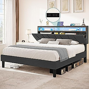 YITAHOME Queen Size Bed Frame, LED Bed Frame with Storage Upholstered Headboard, Platform Bed with Outlet & USB Ports, No Box Spring Needed, Easy Assembly, Grey