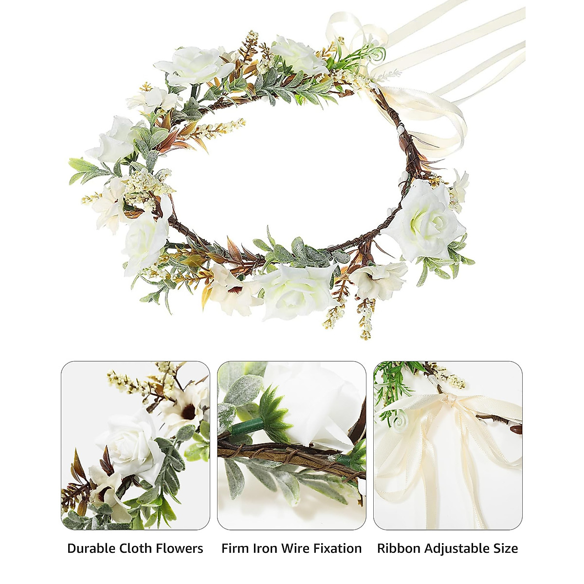 AWAYTR Leaf Flower Crown Garland Headpiece - Hair Floral Wreath Adjustable Flower Headbands for Bridal Wedding Festival Party Flower Leaves Crown (Cream white)