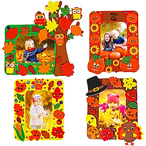 Winlyn 12 Sets Fall Craft Kits Fall Thanksgiving Picture Frame Decorations Art Sets Tree of Thanks Turkey Owl Smile Face Pumpkin Autumn Leaf Foam Stickers Arts and Crafts for Kids Party Activities