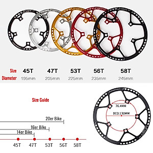 catazer Bike Chainring 130BCD Aluminum Alloy Ultralight Bicycle Chainring 45T 47T 53T 56T 58T BMX Chainwheel for Folding Bicycle (black,53T)