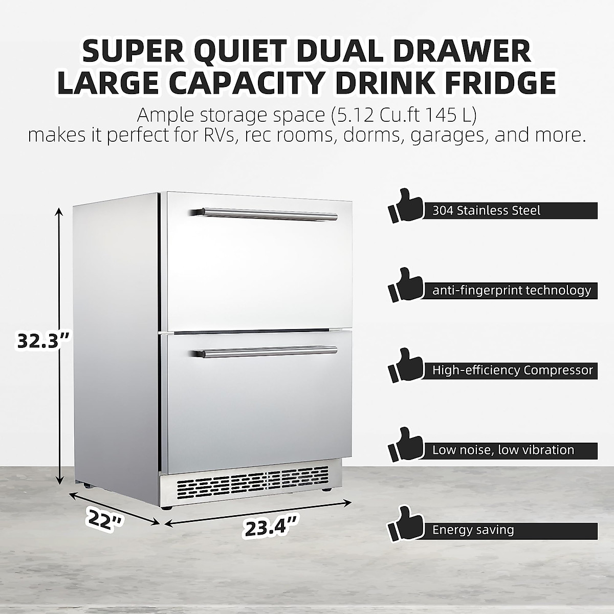 Towallamrk 24 Inch Under Counter Drawer Fridge, Outdoor Beverage Refrigerator, Undercounter Refrigerator for Home and Commercial Use, Stainless Steel Door, Fast Cooling, Low Noise