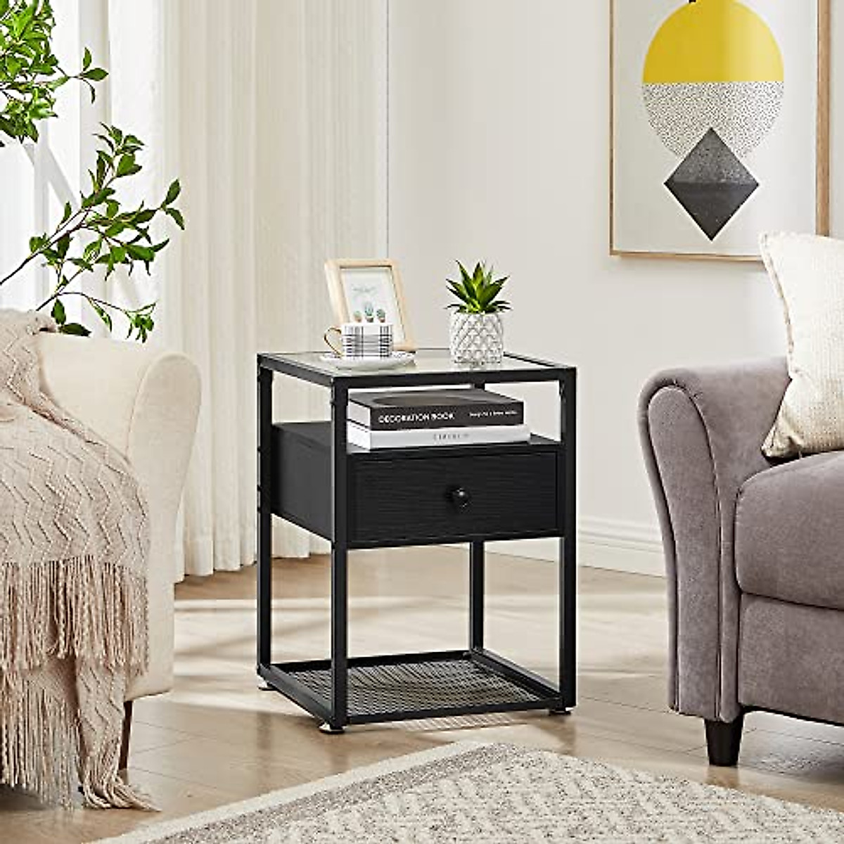 VECELO Bedside End Table, Modern Nightstand with Drawer, Night Stand for Living Room Bedroom, Tempered Glass, Black