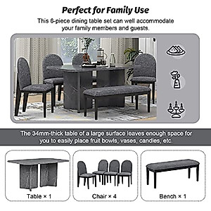 6-Piece Dining Table Set, Modern Style Kitchen Dining Table Set with Faux Marble Table and 4 Upholstered Dining Chairs & 1 Bench, Dining Room Set for 6 Persons (Gray)