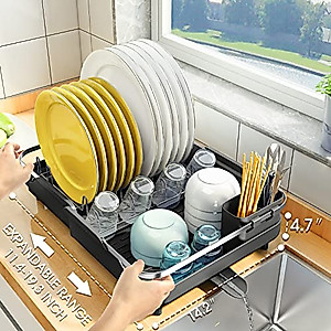 SAYZH Dish Drying Rack - Expandable Dish Rack for Kitchen Counter, Stainless Steel Dish Drainers with Drainaboard, Cabinet Black Dry Rack Dishes with Cup Holder Utensil Holder(11.5"-19.3")