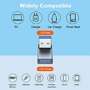 AreMe 90 Degree USB 3.0 Adapter 2 Pack, Upward Angle USB A Male to Female Converter Extender for PC, Laptop, USB A Charger, Power Bank and More (Grey)