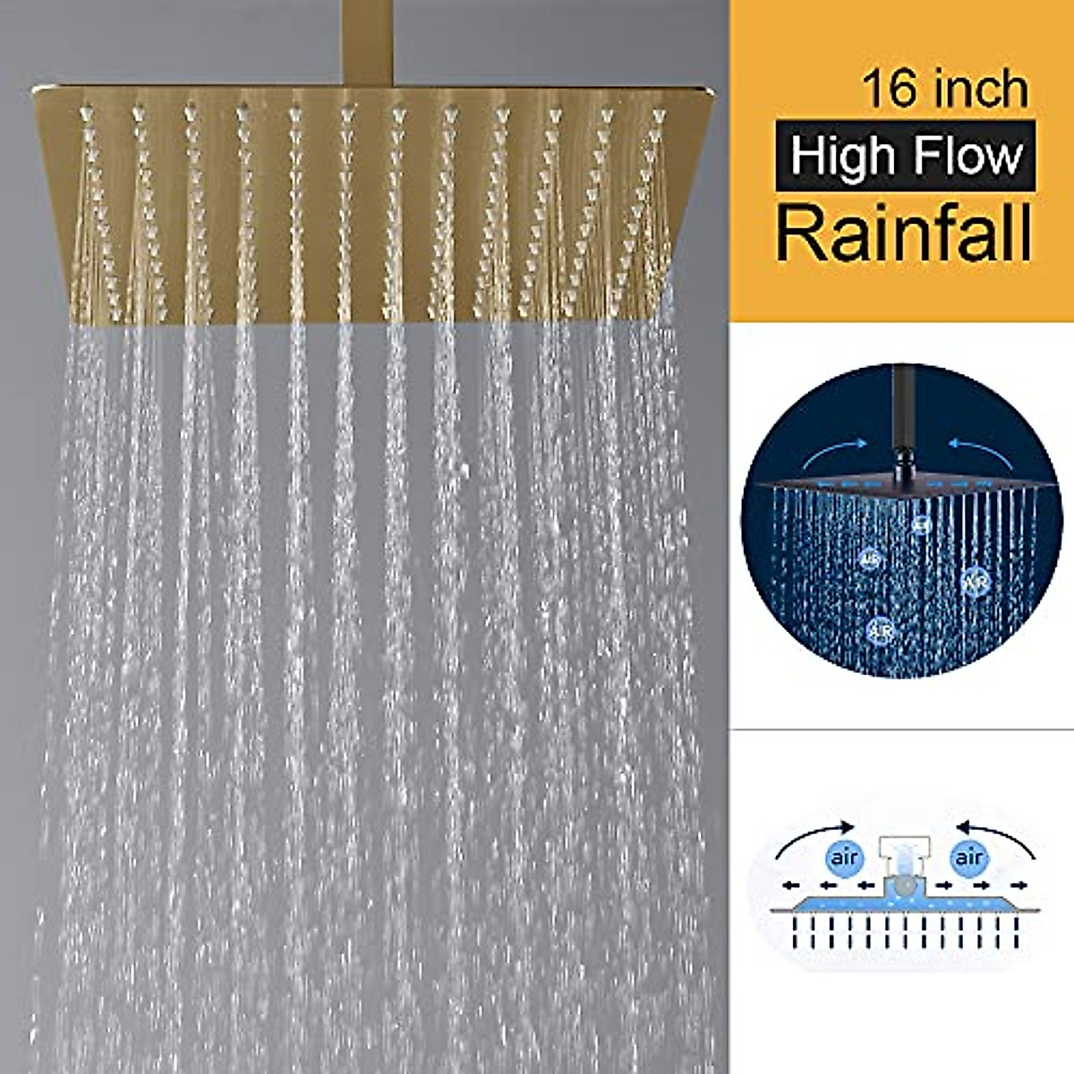 Brushed Gold Rain Shower System - 16 inch Ceiling Square Rainfall head with Handheld Spray and Full Body Massage Multi Jets Thermostatic Brass Valve Kit, Faucets Sets Complete Combo