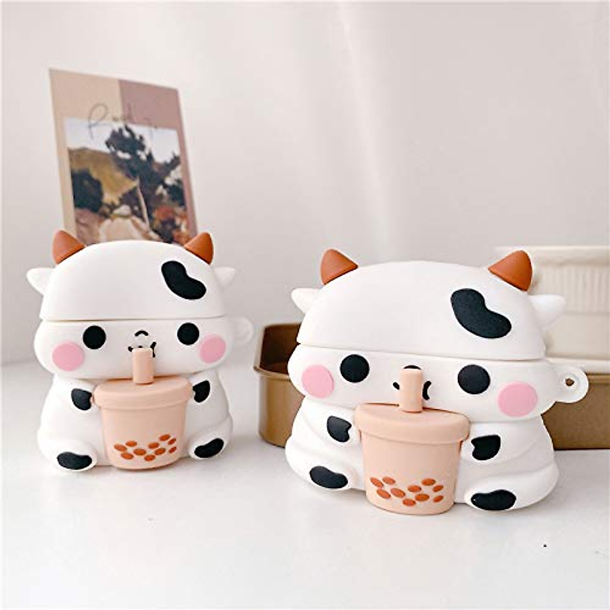 TOU-BEGUIN Case Compatible with Airpods 1 & 2, Cute Milk Tea Cow Animals Design Soft Silicone Shockproof Wireless Earphone Skin Protectortector