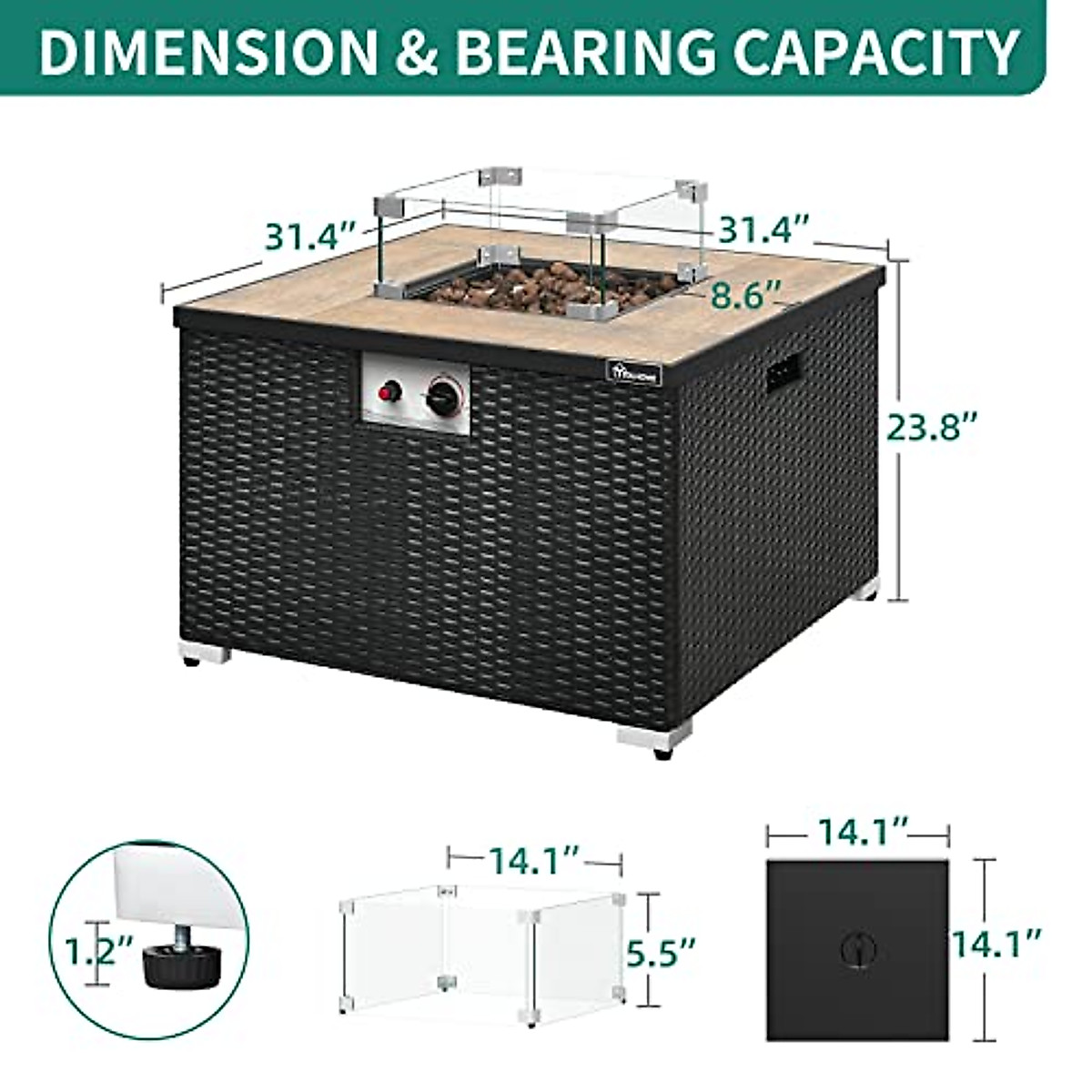 YITAHOME 32 Inch Propane Fire Pit Table, 40,000 BTU Gas Fire Pit with Ignition Systems, Ceramic Tabletop, Lava Rock, Cover, Lid Hanger, Square Outdoor Firetable for Patio Garden Backyard (Black)