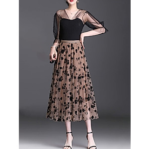 Reaowazo Skirts for Women Midi Long Length Dressy Casual Trendy Summer Tulle A-Line Floral High Waist Skirt Khaki 2XL-3XL