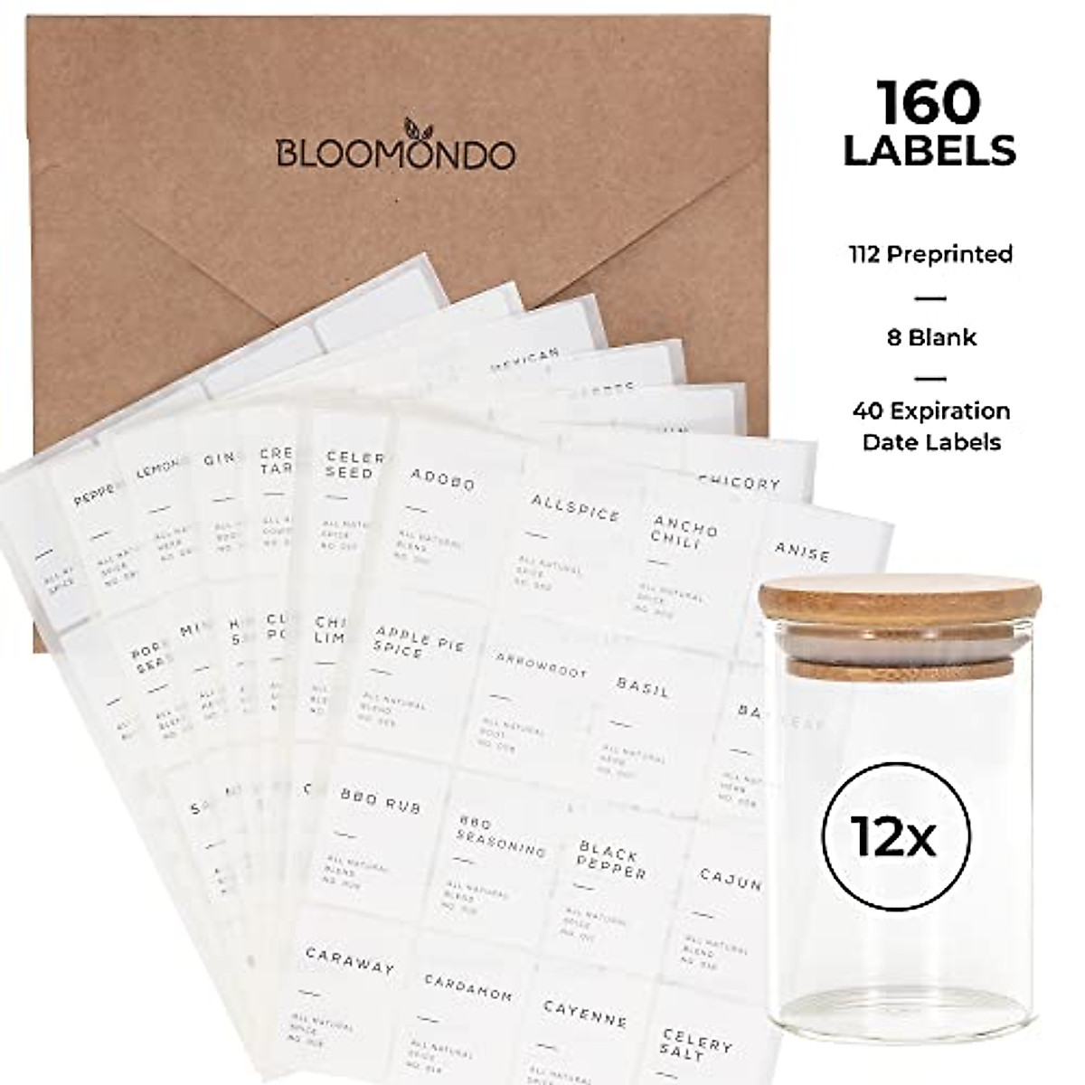 Bloomondo Empty Spice Jars with Label Pack (12x Bamboo Lid Glass Jar). Small 6oz Spice Storage Bottles with 112 Printed Spice Stickers and 48 Writable Pantry Labels for Seasoning Containers