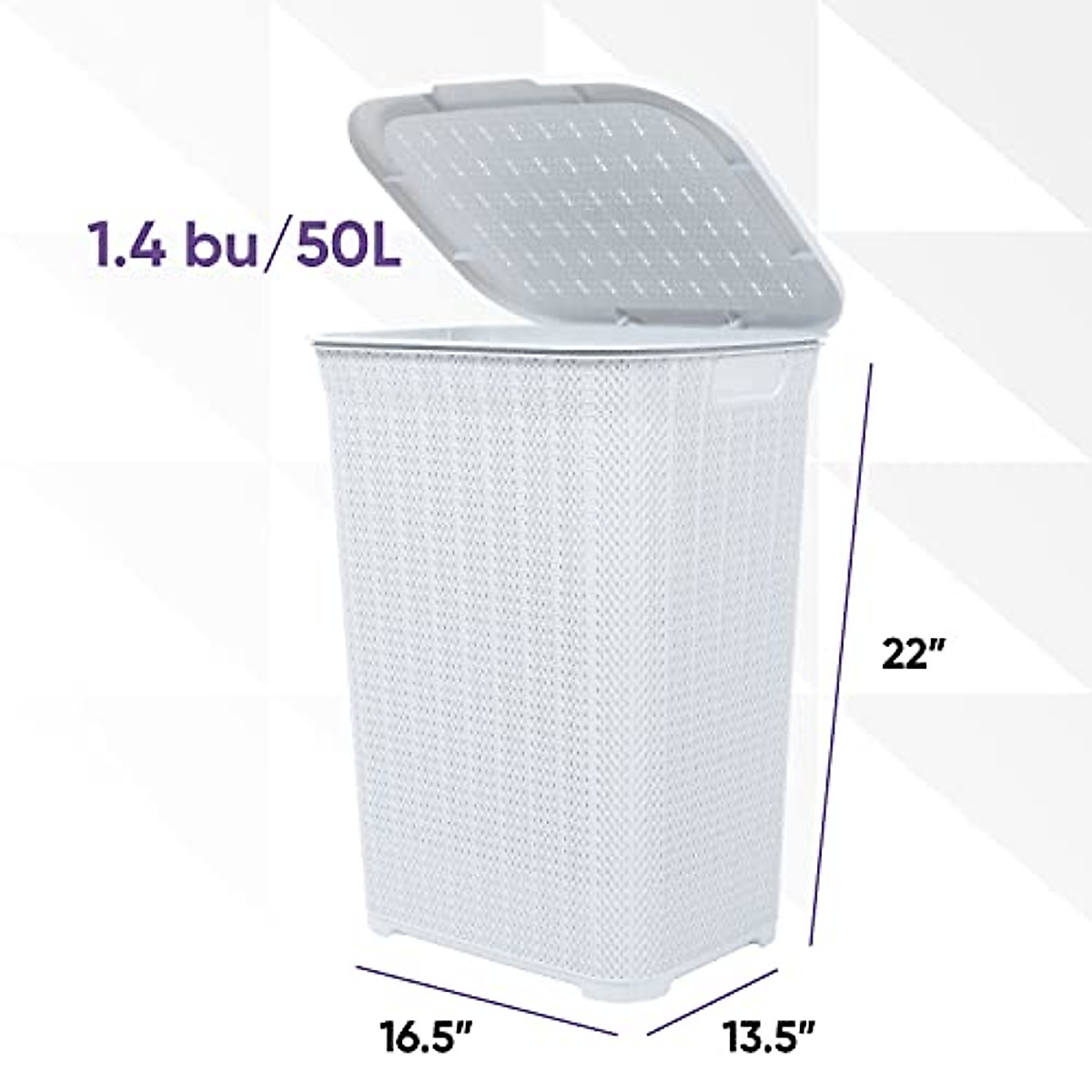 Wicker Laundry Hamper With Lid 50 Liter - White Laundry Basket 1.40 Bushel Durable Bin With Cutout Handles - Easy Storage Dirty Cloths in Washroom Bathroom, Or Bedroom. By Superio