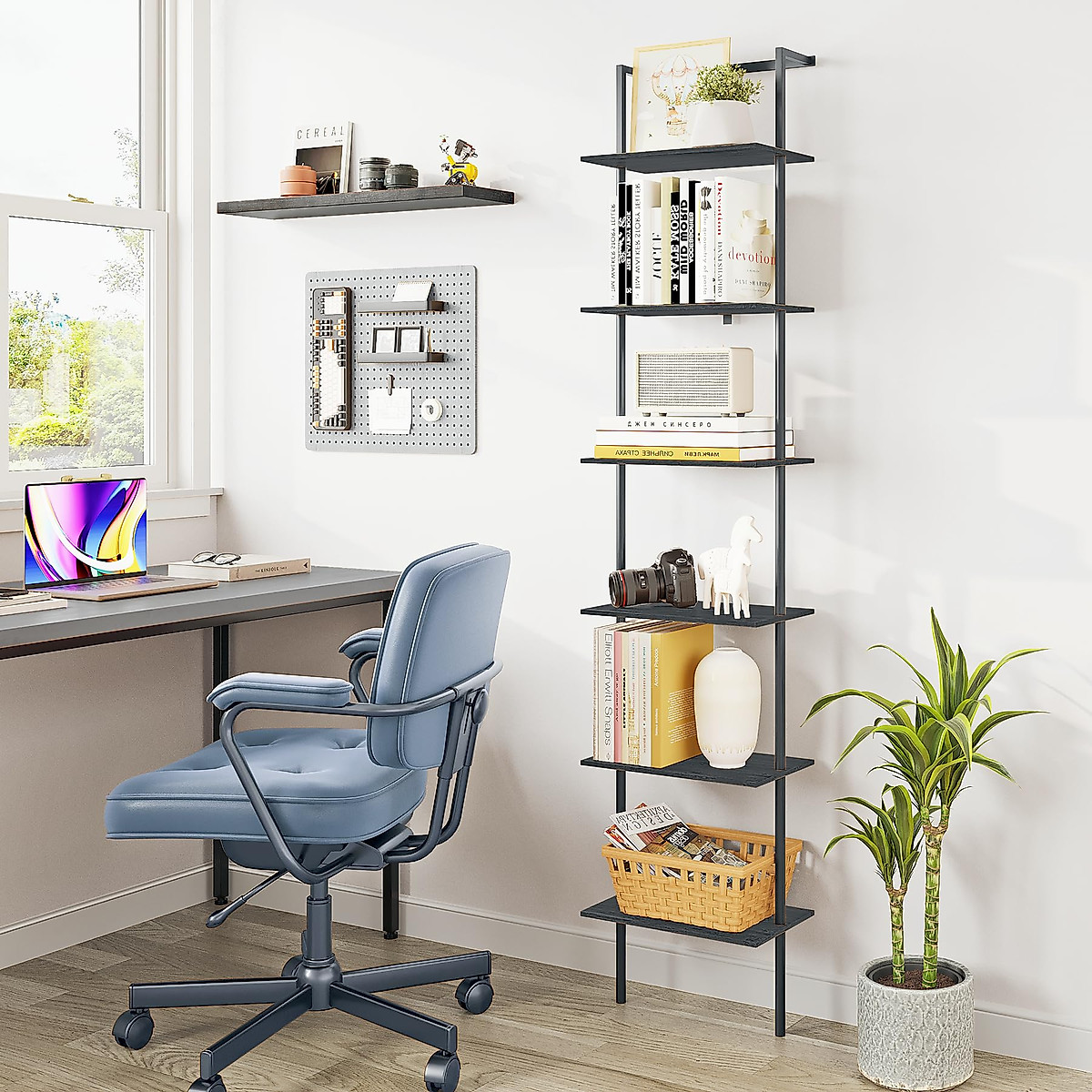 POBOMULI 6-Tier Ladder Shelf, 77 Inches Wall Mounted Ladder Bookshelf with Metal Frame, Wood Tall Open Storage Rack and Display Shelves for Home Office Bedroom Living Room, Black