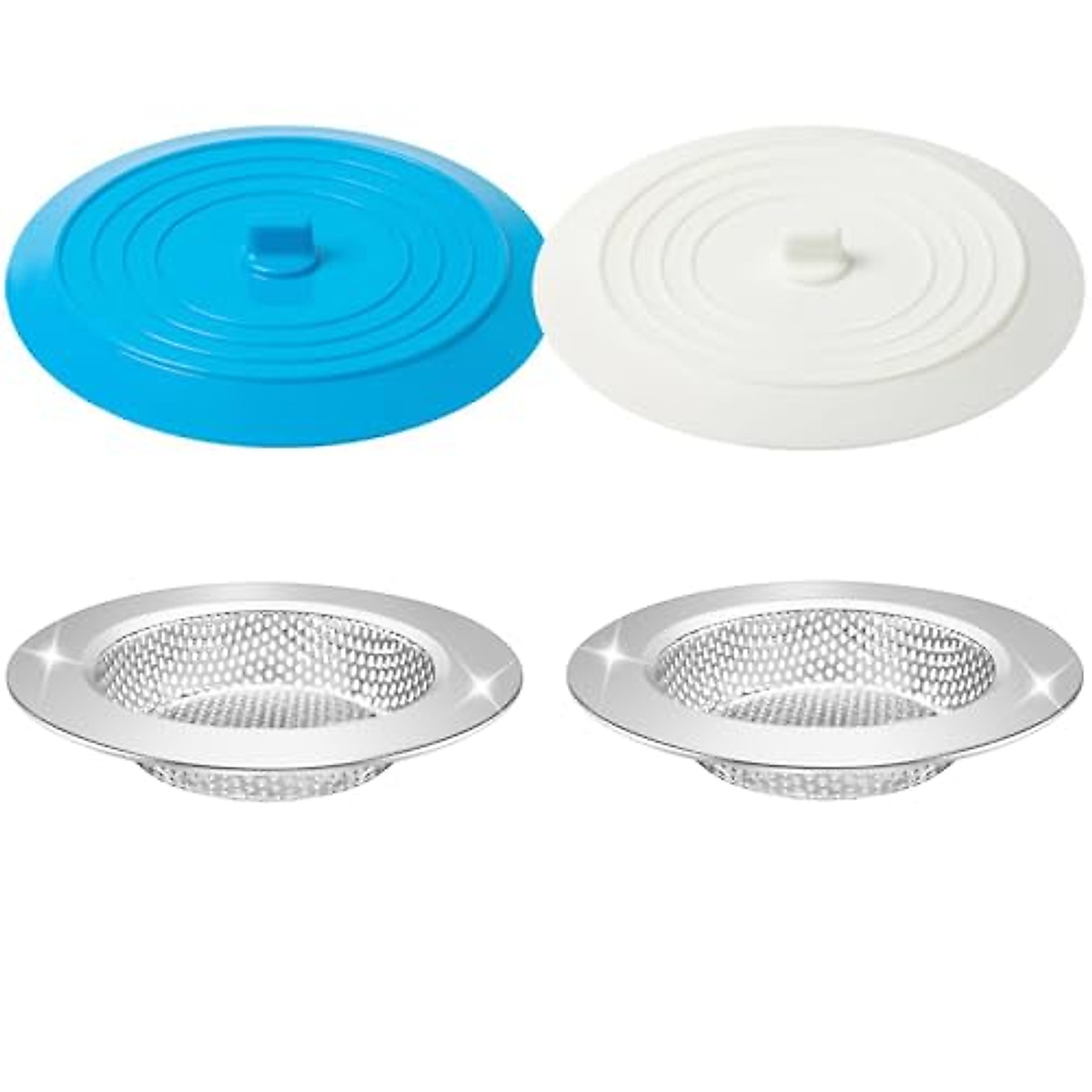4PCS Kitchen Sink Strainer Sink Stopper, Universal Sink Strainer Stopper Kit, Silicone Drain Plug Cover, 4.5 Inch Stainless Steel Sink Drain Strainer, Food Catcher for Kitchen (Strainers & Stoppers)