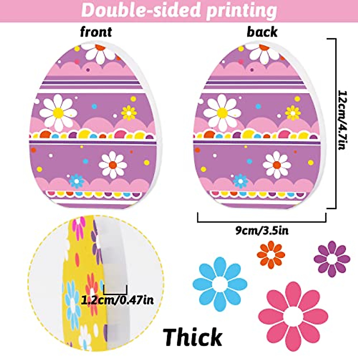 4Pcs Happy Easter Egg Table Wooden Sign Spring Egg Shape Wood Tabletop Decorations Reversible Double Printed Decor for Easter Party Desk Office Home Party Supplies Farmhouse Gift