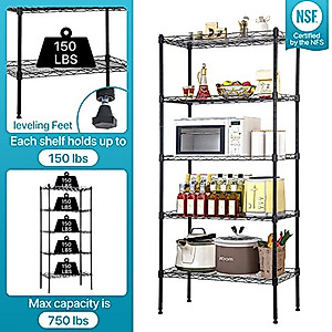 5 Wire Shelving Unit Storage Shelf Adjustable Heavy Duty Shelf with Leveling Feet for Closet Laundry Pantry Kitchen Garage 750 LBS Capacity 21.5" L x 11.6" W x 47.6" H, Black