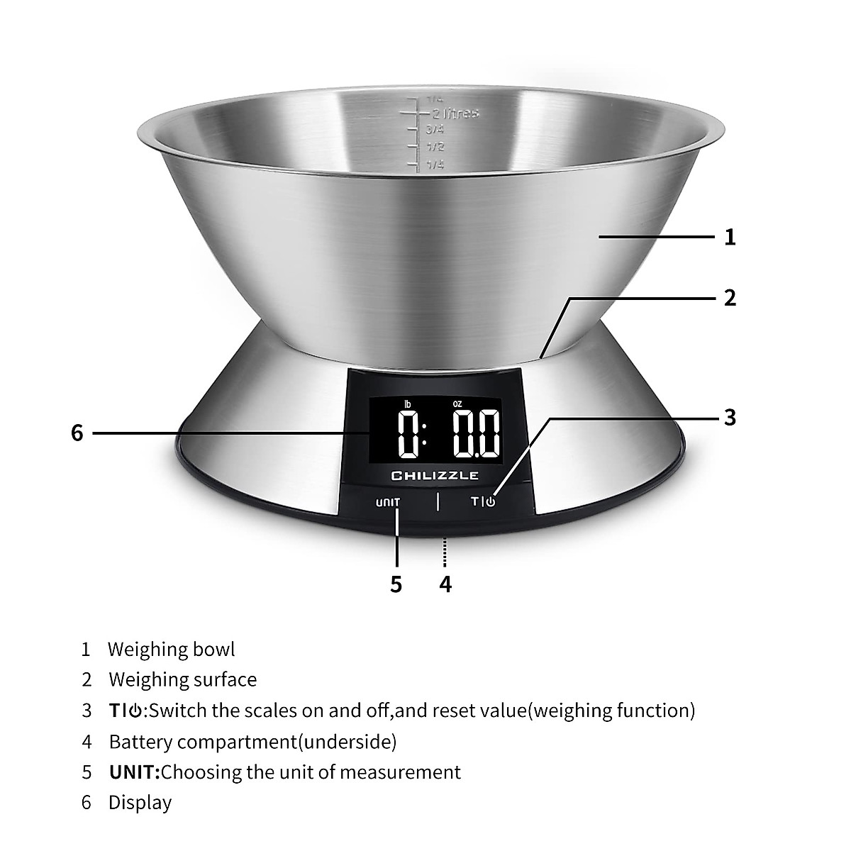 CHILIZZLE Food Scale with 304 Stainless Steel Bowl, Measures Liquids and Dray Ingredients, Digital Kitchen Weight Scale for Cooking or Baking