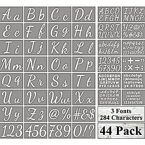 Large Letter Stencils for Painting on Wood - 44 Pack Alphabet Letter Number Stencil Templates with Signs, Reusable Plastic Stencils in 3 Fonts and 284 Designs for Chalkboard Fabric Wood Signs