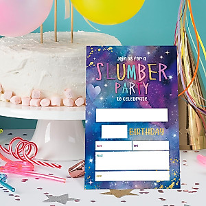 UDNADKEX Sleepover Birthday Invitations Girl Party with Envelopes, Invites for Girls Sleepover Theme Birthday Party Galaxy, Slumber Birthday Party Invitations Cards, 4"x6" Set of 20