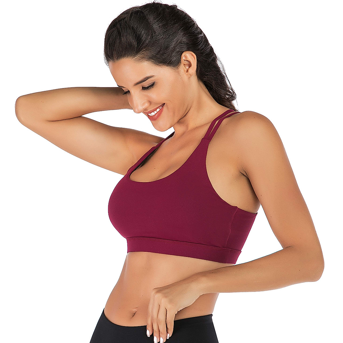 RUNNING GIRL Strappy Sports Bra for Women, Sexy Crisscross Back Medium Support Yoga Bra with Removable Cups(WX2354 Winedred,M)