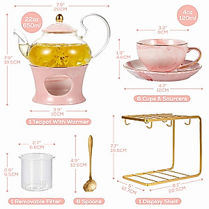 DUJUST 21 pcs Small Tea pot Set of 6, Fine Porcelain, Pink Marble Texture with Handcraft Golden Trim for Girls&Women, 1 Glass Teapot(22oz), 6 Cups(4oz), 6 Saucers, 6 Spoons, 1 Shelf&1 Warmer…