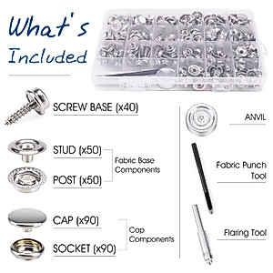 323 Piece Canvas Snap Kit, Meifuly Marine Grade Stainless Steel (Caps, Sockets, Screws, Fabric Base Components) for DIY Cover, Canvas Snap Kit with Material Hole Punch and Setting Tools
