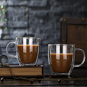 Sivaphe Double Wall Demitasse Cups With Handle 12oz Set of 2 Clear Borosilicate Glass Espresso Mugs for Latte, Cappuccino, Tea, Beverages, Ice Coffee