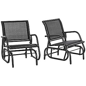 Outsunny Porch Glider, Set of 2, Metal Frame Swing Glider Chair with Breathable Mesh Fabric, Curved Armrests and Steel Frame for Garden, Poolside, Backyard, Balcony, Black