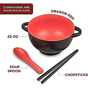 Japanese Ceramic Ramen Bowl Set - Ramen Noodles Bowl with Chopsticks & Soup Spoon - Red Dragon Japanese Food Dish Set - Asian Food Serving Dishes - Gift Set - Pho Soup Bowl - Asian Rice Bowls - 42 oz