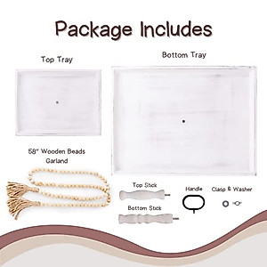 Perfnique Tiered Tray Stand, White Wooden 2 Tier Tray with 58in Wood Bead Garland, Serving Tray, Farmhouse Rustic Home Kitchen Decor, Morden Decorations Set for Shelf Coffee Bar Table (White)