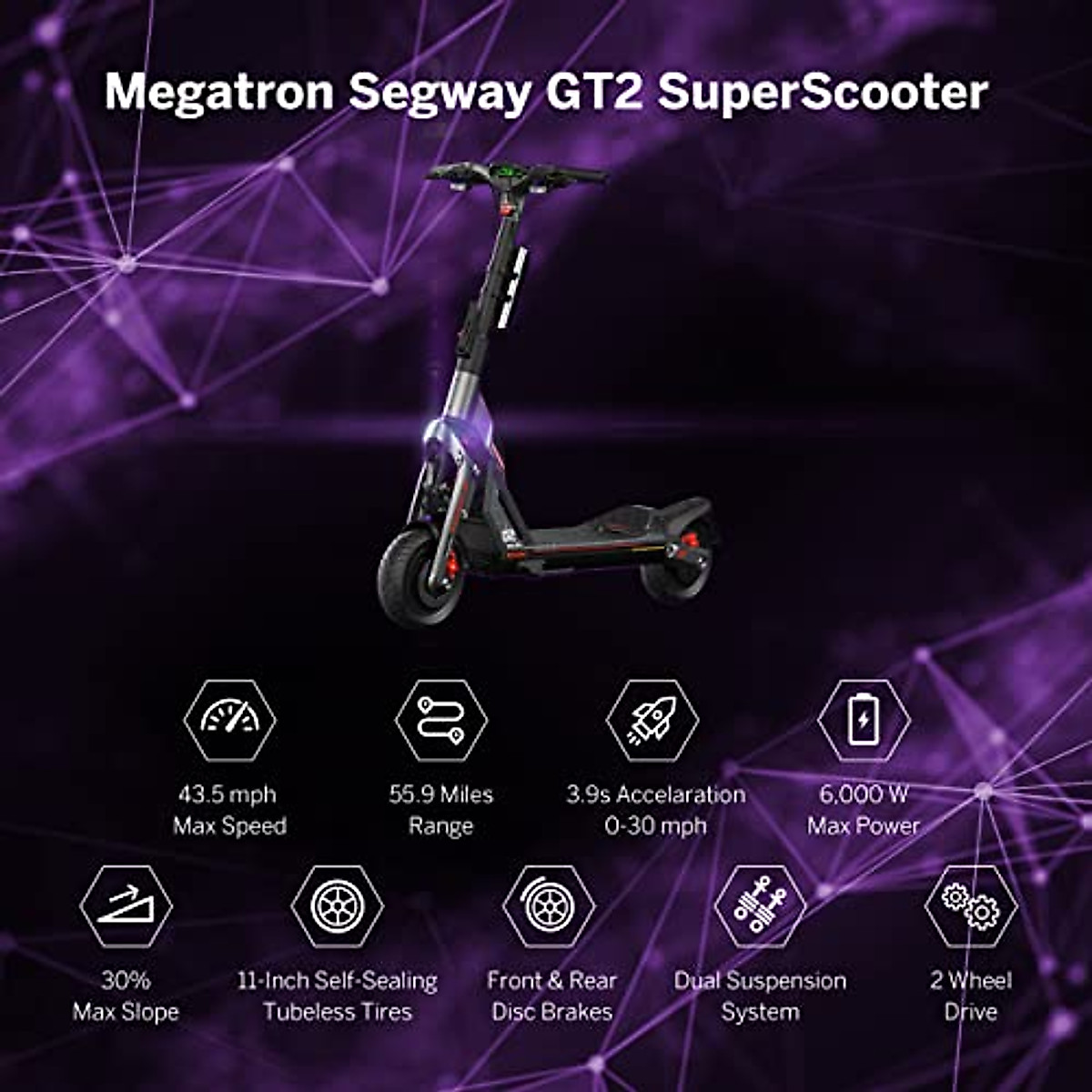 Segway Transformers GT2 SuperScooter Megatron Limited Edition- Dual 3000W Motor, 55.9 Miles & 43.5 MPH, Electric Scooter Adults for Commuting W/T 11" Tires, 2WD, Suspension System