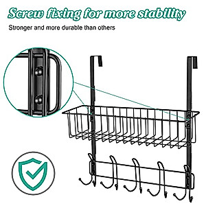 OUTNILI Over The Door Organizer Bathroom - Over Door Hanger Towel Rack with 15 Hooks & 1 Basket - Black Rustproof & Waterproof Stainless Steel Door Organizer for Bathroom Kitchen Bedroom Accessories