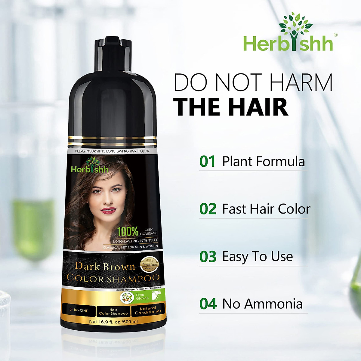 Herbishh Hair Color Shampoo - Magic Dye for Gray Hair, Lasting Color in Minutes - 500 Ml, 3-In-1, Ammonia-Free (Dark Brown)