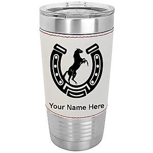 LaserGram 20oz Vacuum Insulated Tumbler Mug, Horseshoe with Horse, Personalized Engraving Included (Faux Leather, Baseball Style)