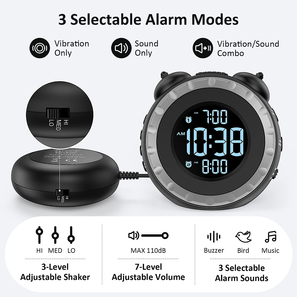 uscce Loud Dual Alarm Clock with Bed Shaker - 0-100% Dimmer, Vibrating Alarm Clock for Heavy Sleepers or Hearing Impaired, Easy to Set, USB Charging Port, Snooze, Battery Backup