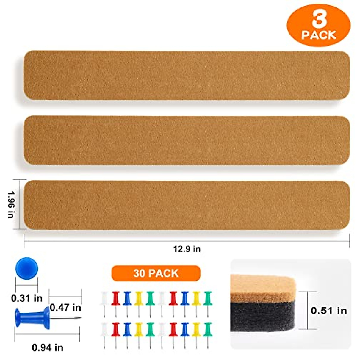 Felt Bulletin Board Corkboard Strips for Walls, Self-Adhesive Memo Board with 35 Pushpins, Wall Decor for Desk, Cubicle, Home, Office, Classroom 3 Pack