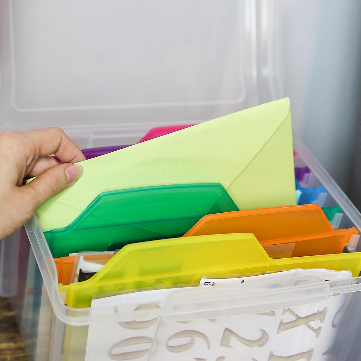 CraftyBook Greeting Card Organizer Box with Dividers - Empty Rainbow Card Keeper Envelope Storage Box for 5 x 7 Birthday and Christmas Cards - Stationery Organizer for All Occasion Note and Postcards