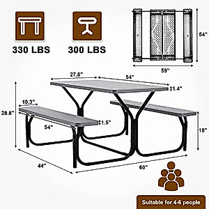 Haddockway Picnic Table Bench Set Patio Camping Table with All Weather Metal Base and Plastic Table Top Outdoor Dining Garden Deck Furniture for Adult Grey