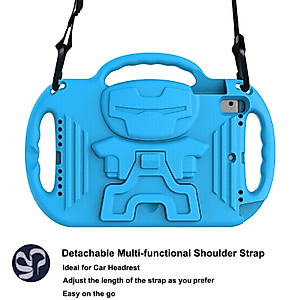 LTROP Kids Case for iPad 5th/6th Generation (2017/2018) & Air 2, Shoulder Strap Handle Stand Shockproof Bumper Cute Kid Case for iPad 9.7 Inch, Blue