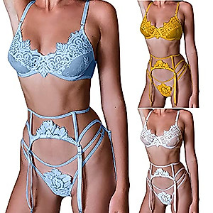 wodceeke Women's 3 PC Deep V Teddy Lingerie Set Sexy Lace Babydoll Bodysuit With Garter (Yellow, L)