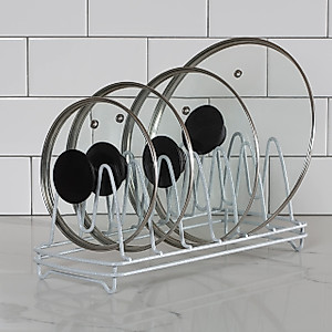 Laura Ashley Lid Organizer for Pots & Pants, in Cabinet or Countertop Speckled Kitchen Collection, 13.6"x 5.3"x 5.4", White