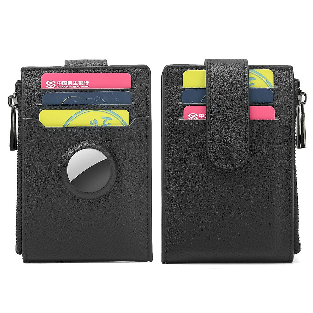 Womens AirTag Wallet, Genuine Leahter Bifold Credit Card Holder Wallet for Women, Slim Multi Card Case Zipper Coin Purse, Thin Leather Card Wallet with Zipper Pocket (Black)