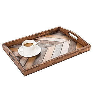 MyGift Rustic Chevron Stripe Pattern Rectangular Wood Breakfast Serving Tray/Decorative Coffee Table Tray with Cutout Handle - 16 x 12-Inch