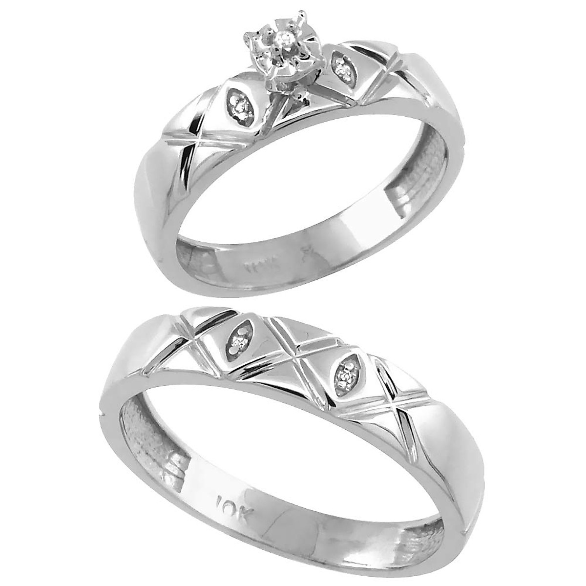 Sabrina Silver 10k White Gold Diamond 2 Piece Engagement Ring Wedding Band Set for Him and Her Cross Grooves 0.043 ctw Brilliant Cut Mens 5mm Ladies 4.5mm size 9.5