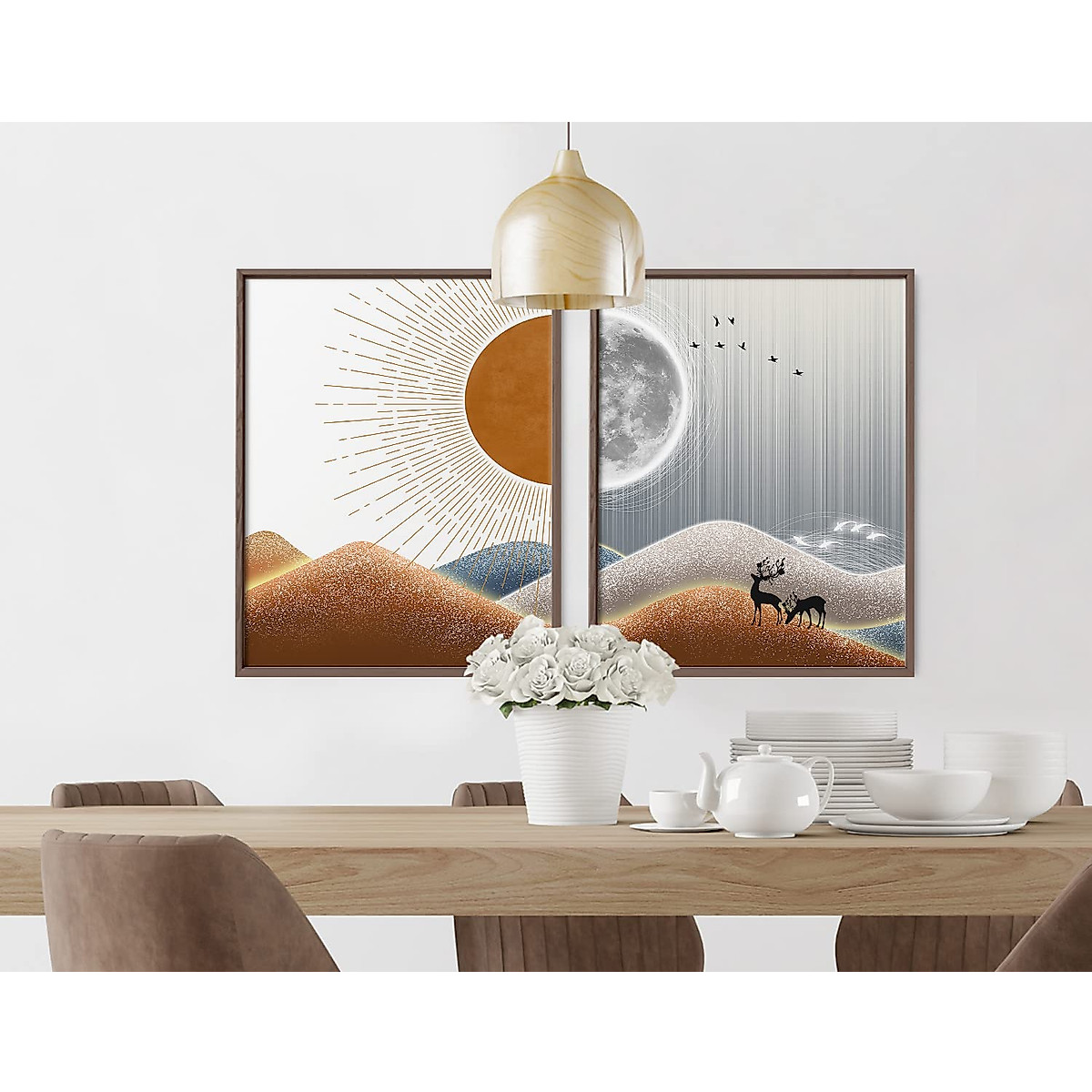 Boho Wall Art - Sun and Moon Art - Boho Bedroom Art - Sunshine Decor - Mid Century Modern Wall Decor - Bathroom, Living Room, Office, Classrooms, Home Wall Decor, Set of 2 Prints, 11x14" Unframed