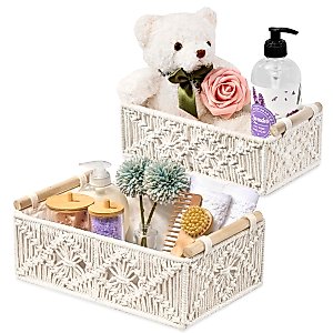 Sorbus Macrame Boho Decor Baskets - 2 Decorative Gift Baskets for Nursery, Baby Room, Toilet Tank Top - Lined Baby Basket Set for Organizing Changing Station, Linens, Clothes, Diapers, Toiletries