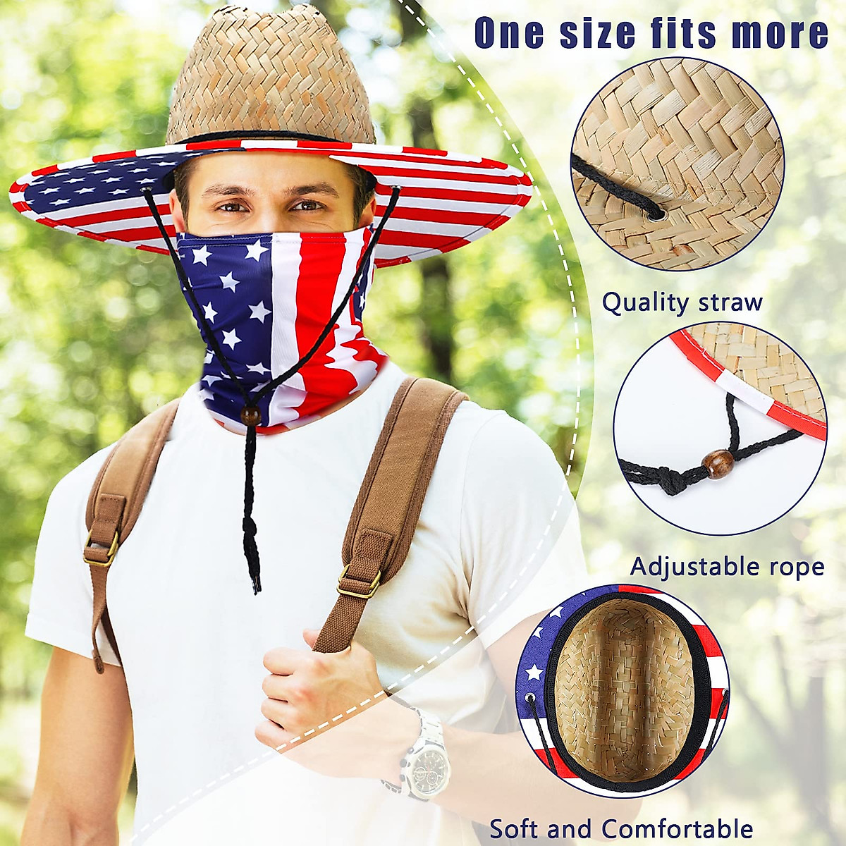 4 Pcs Independence Day USA Sun Straw Hat and Cooling Neck Gaiter Face Mask Set American Flag Hat Straw Beach Hat America Sweat Wicking Neck Gaiter for Men and Women UV Sun Protection