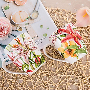 PULCHRITUDIE 12 Oz Coffee Tea Mugs Set, Fine Porcelain Floral Design, Set of Four