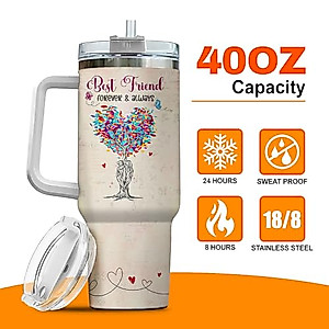 99WHALE Tumbler 40 Oz With Handle Lid And Straw, Butterfly Funny Handle For Steel Stainless Coffee Women Yellow Heart Tumblers Cups Friends, Best Friend Tree Colorful