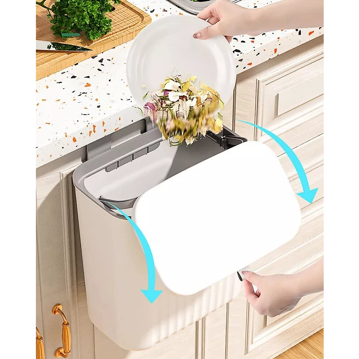 MOFU Kitchen Hanging Trash Can, 2.4 Gallon Compost Bin with Lid for Kitchen Bathroom Living Room, White